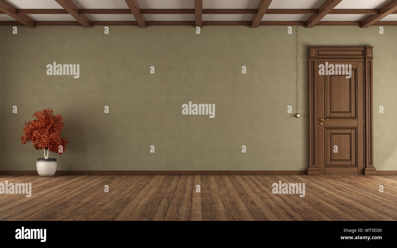 Empty retro room with green wall and wooden closed door - 3d rendering ...