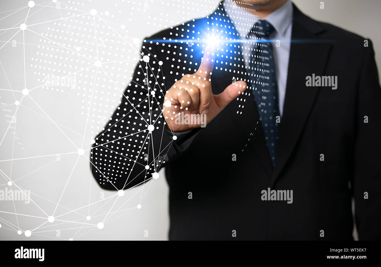 Digital Composite Image Of Businessman Touching Screen Against White ...