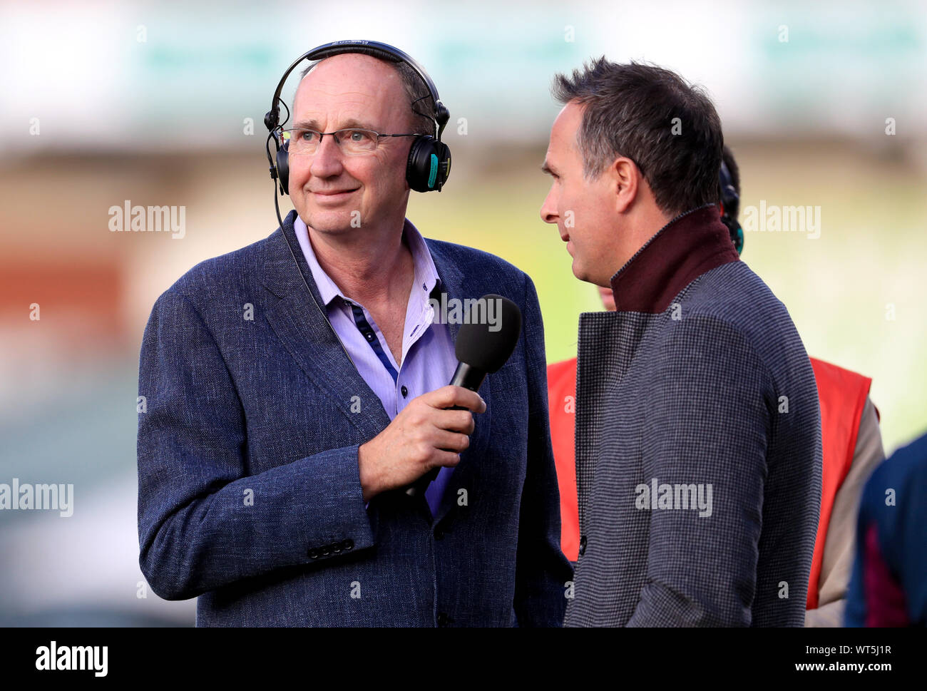 Commentator Jonathan Agnew (left) speaks with retired cricketer Michael ...