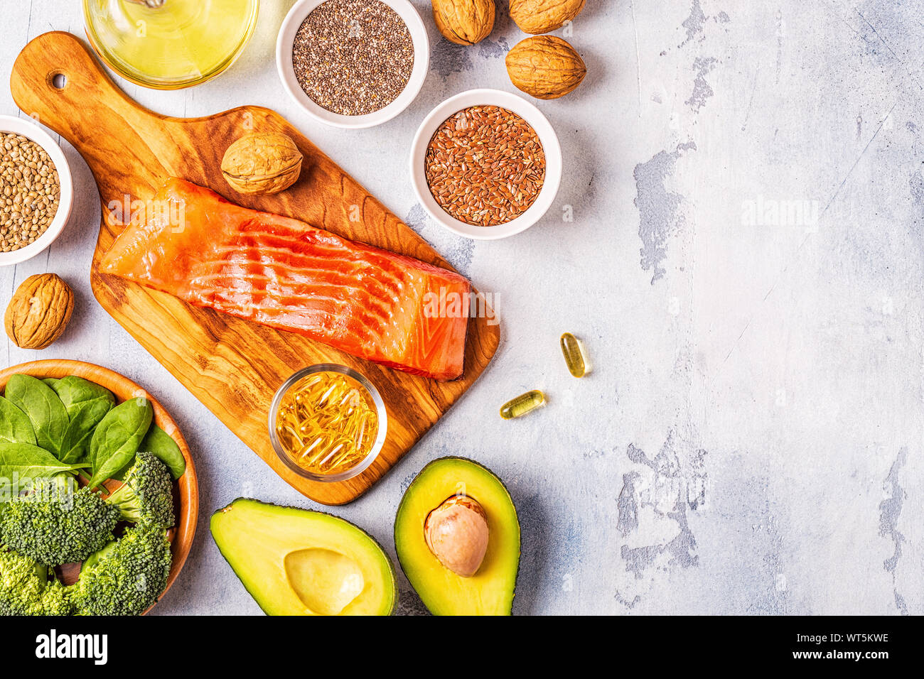 Animal and vegetable sources of omega-3 acids. Balanced diet concept ...