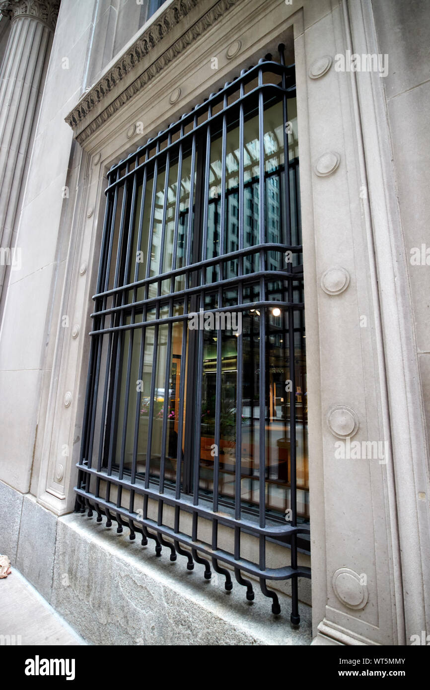 bars on the windows of the Federal reserve bank of Chicago Illinois USA ...