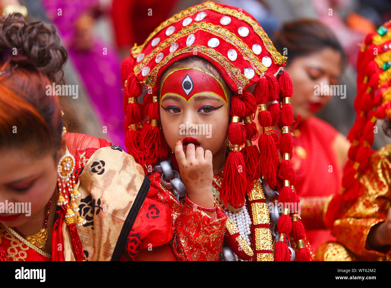 Kathmandu, Nepal. 11th Sep, 2019. A young girl dressed as the Living ...