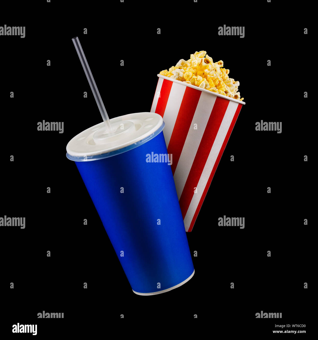 Paper striped bucket with popcorn and cup of soft drink isolated on ...