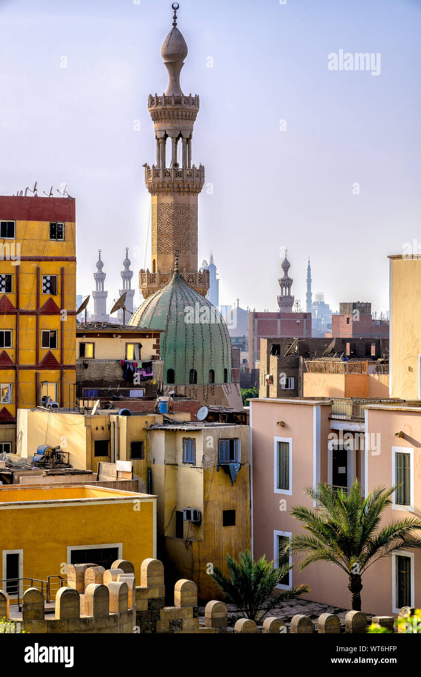 Domes and Minarets of downtown Cairo Mosques from Al Azhar Park Stock ...