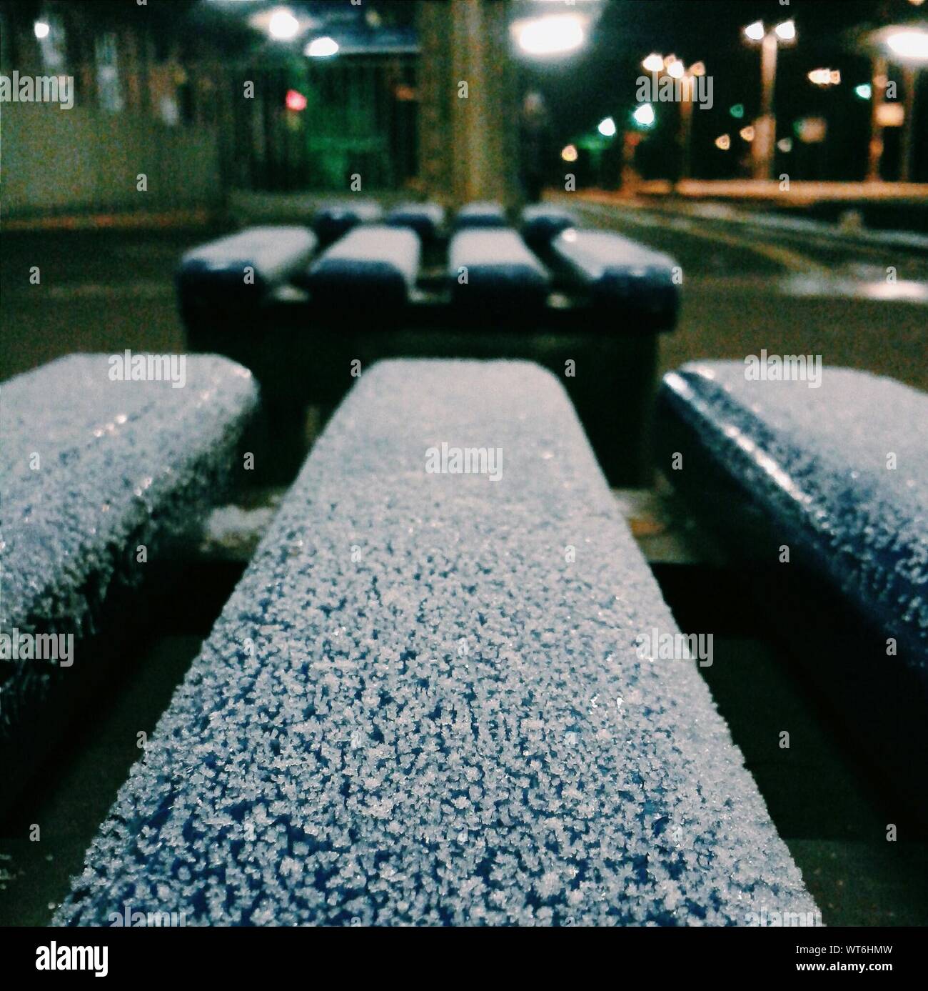 Seats Covered With Ice At Railroad Station Platform During Winter At ...