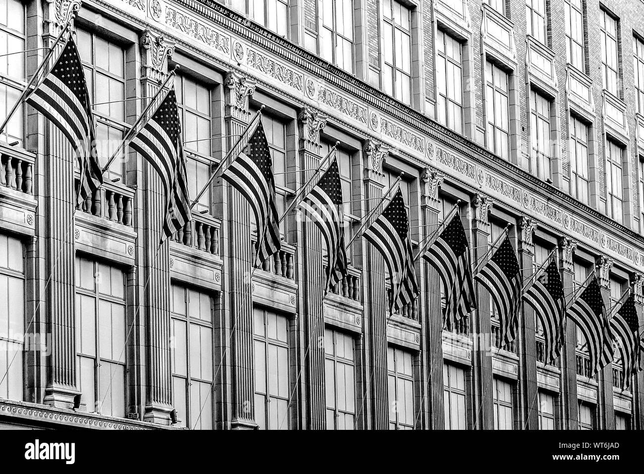 American flag on a building Black and White Stock Photos & Images - Alamy