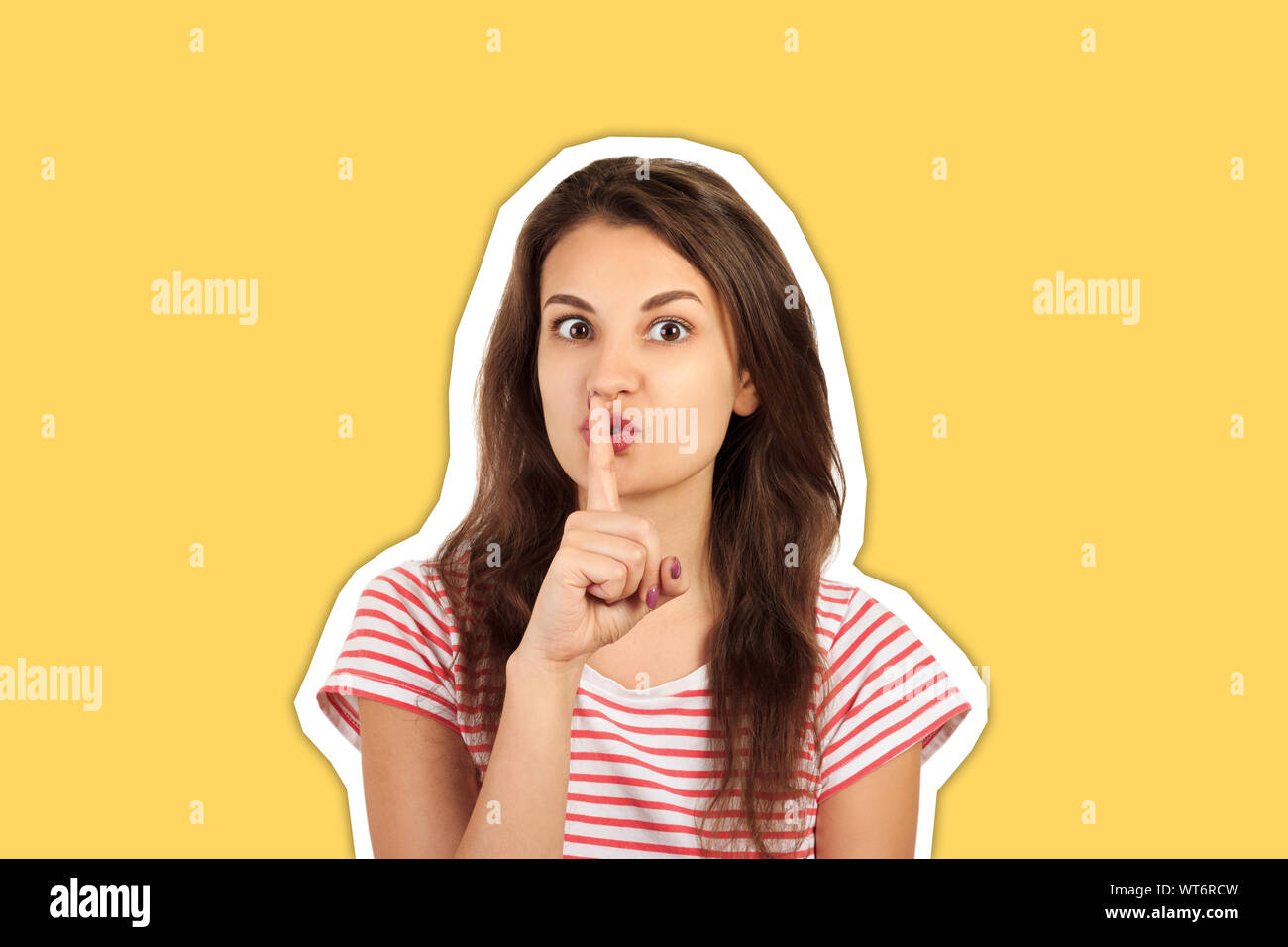 Young girl making silence gesture. emotional girl Magazine collage ...