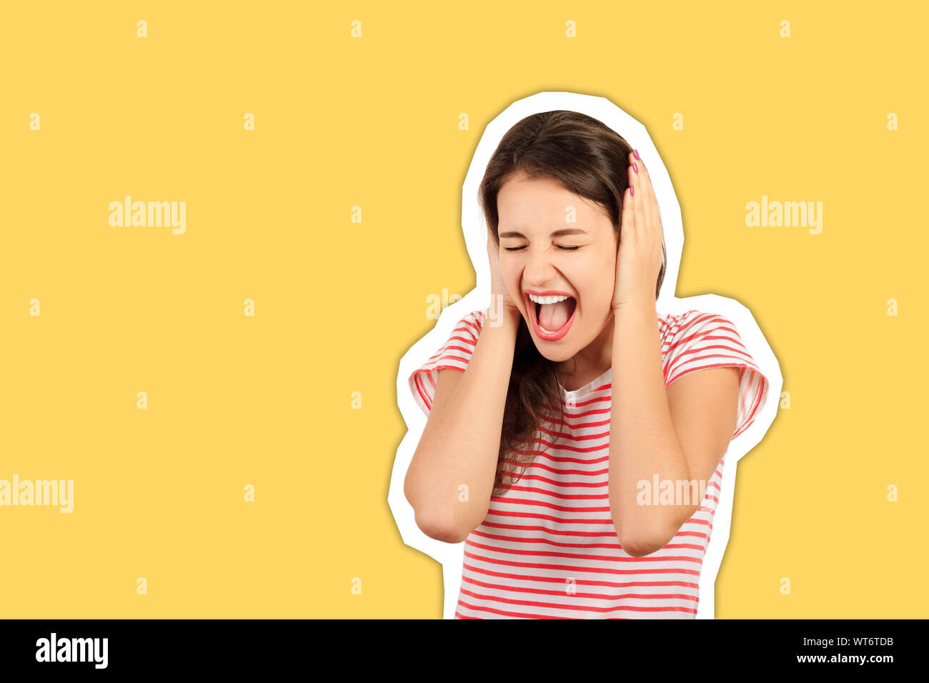 Portrait of screaming female face squeeze her ears by hand. emotional ...