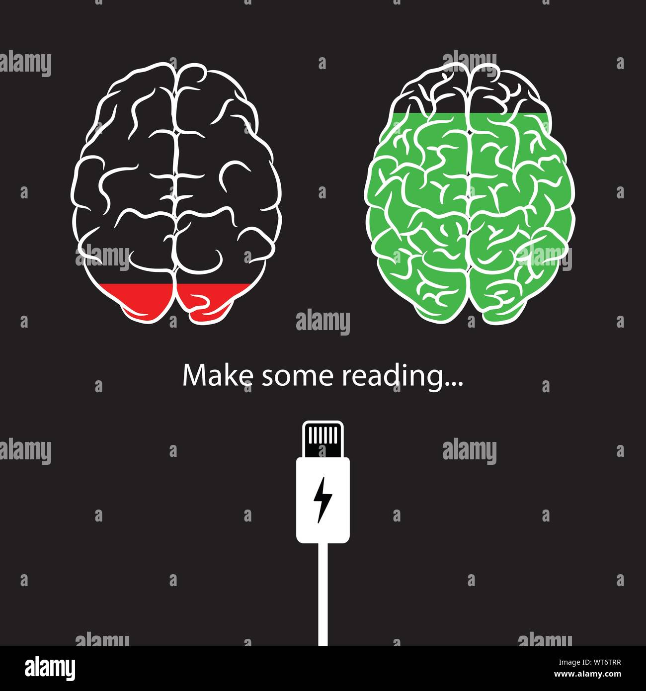 Black background with human brain charge level and cable silhouette ...