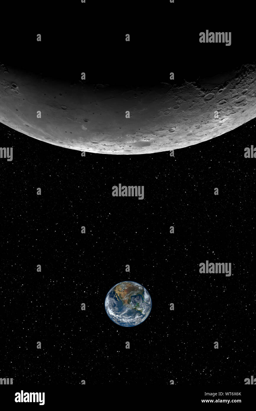 Closeup of the Moon and the small planet Earth against starry night sky ...