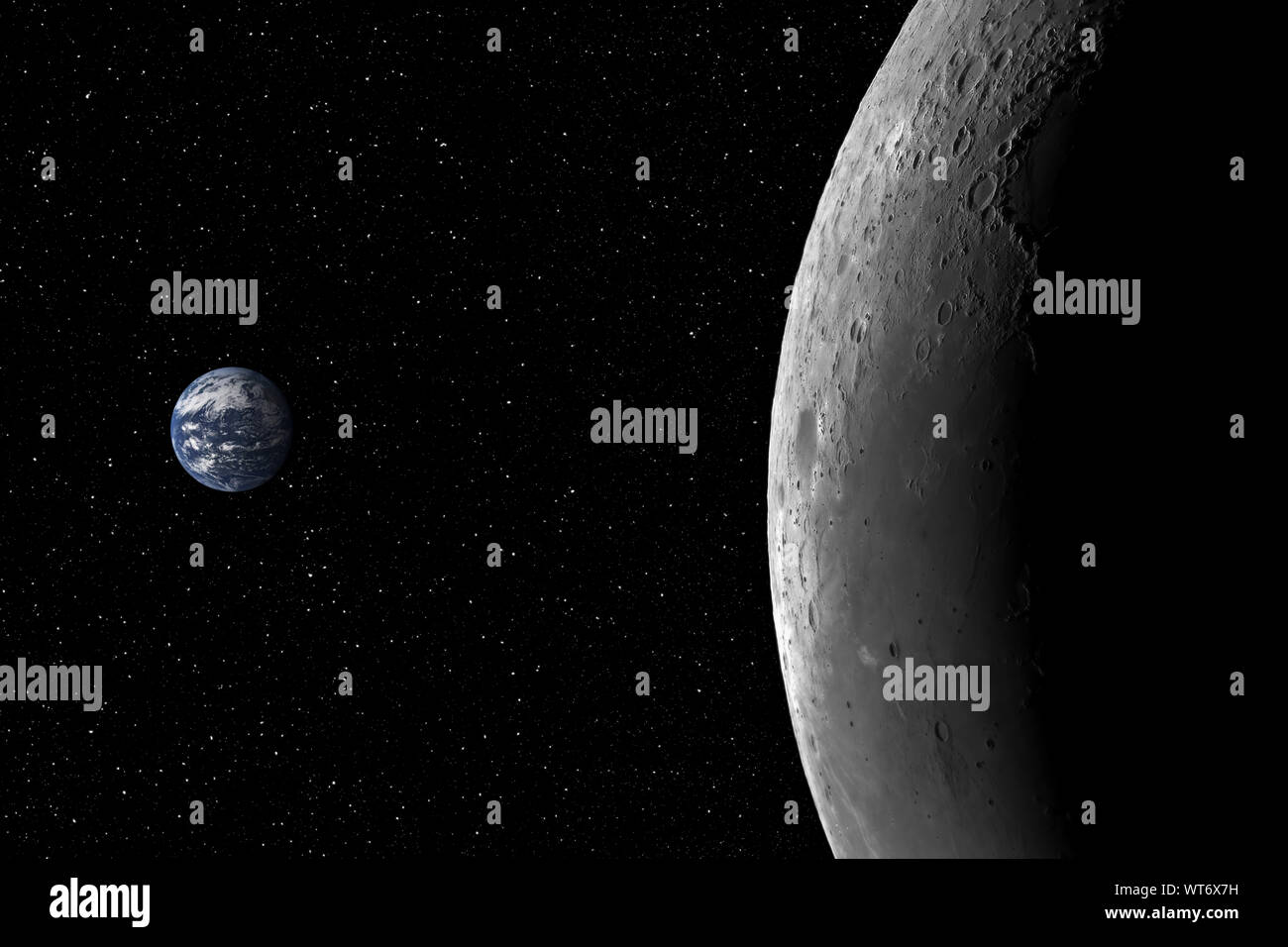 Closeup of the Moon and the small planet Earth against starry night sky ...