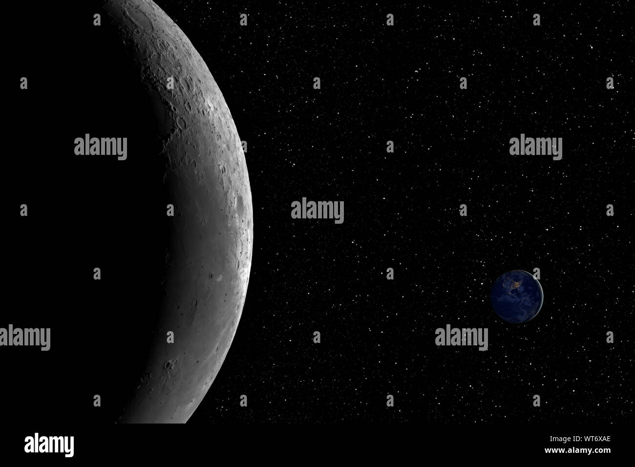 Closeup of the Moon and the small planet Earth against starry night sky ...
