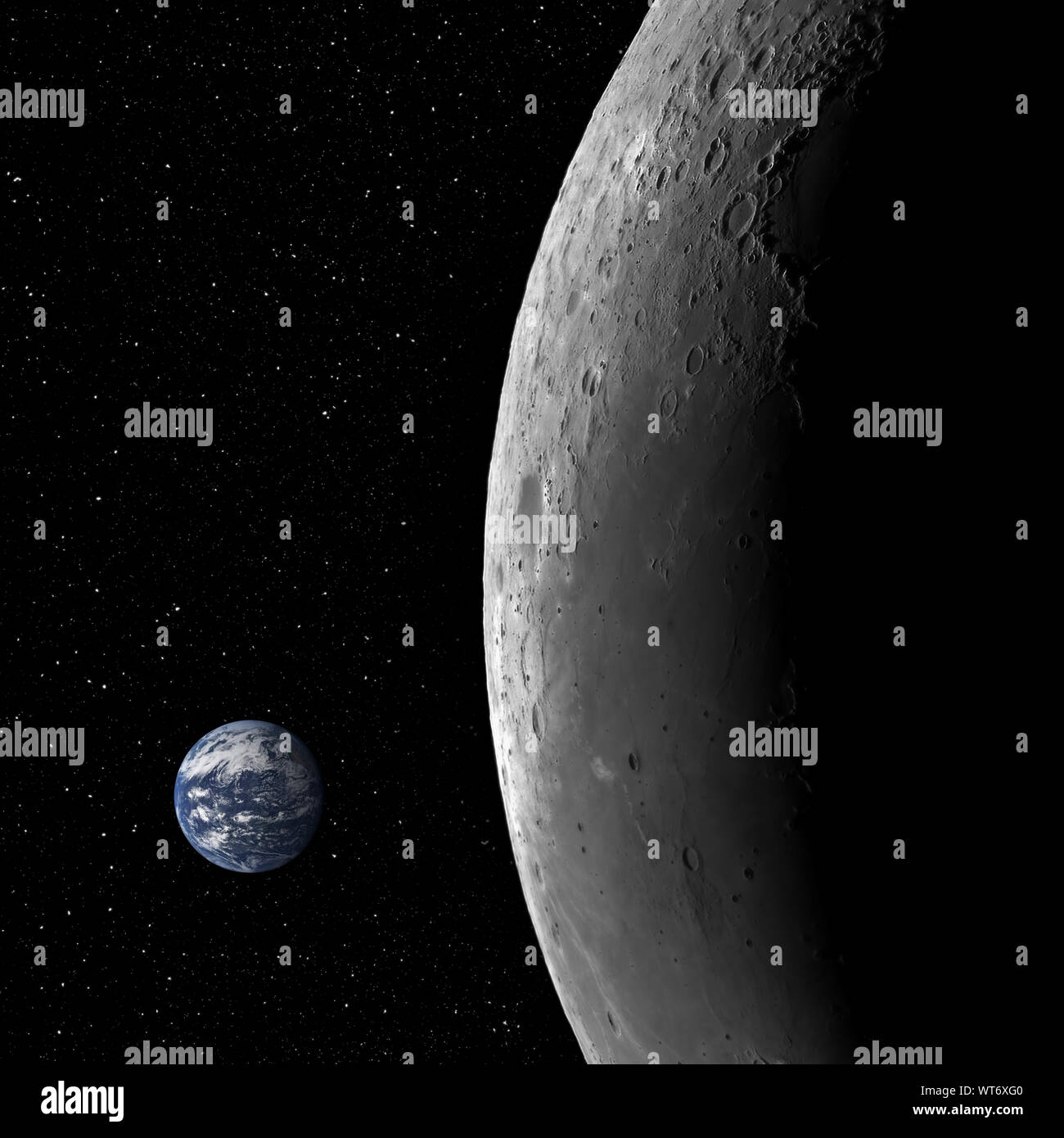 Closeup of the Moon and the small planet Earth against starry night sky ...