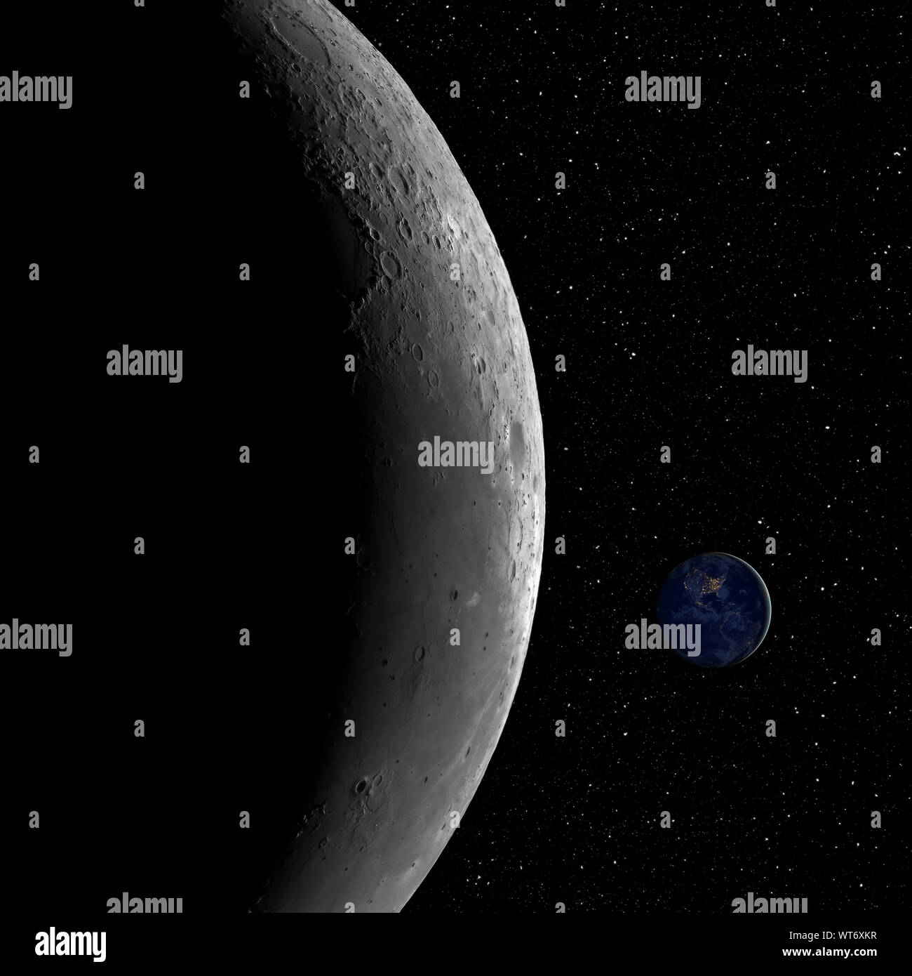 Closeup of the Moon and the small planet Earth against starry night sky ...