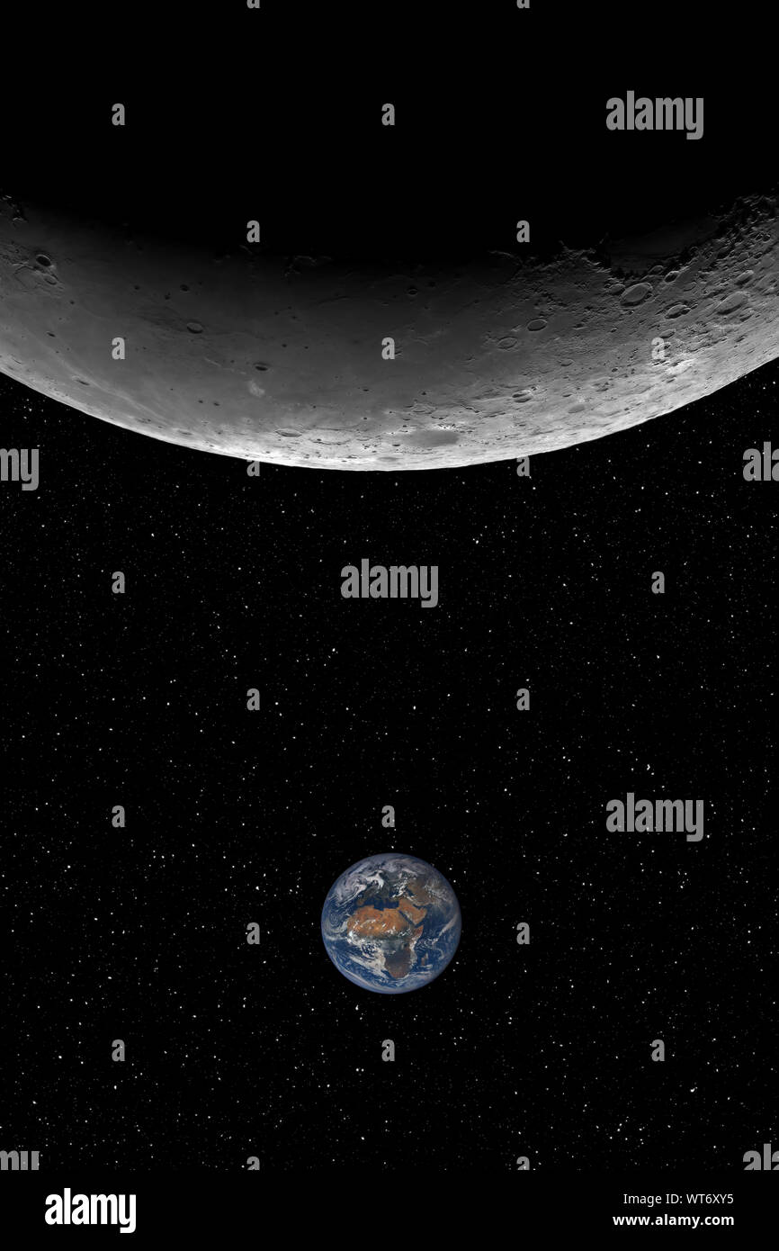 Closeup of the Moon and the small planet Earth against starry night sky ...