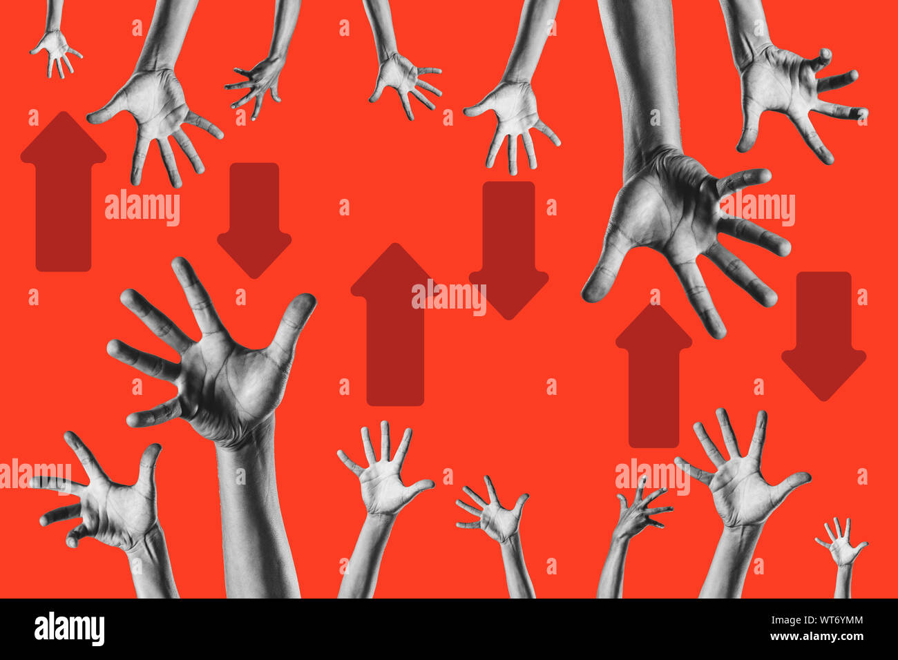 group of monochrome hands showing up and down and arrows between them ...