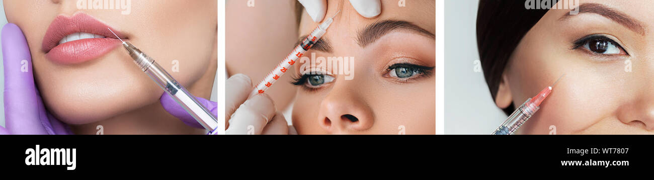 Collage part of face with procedure beauty injections on female faces ...