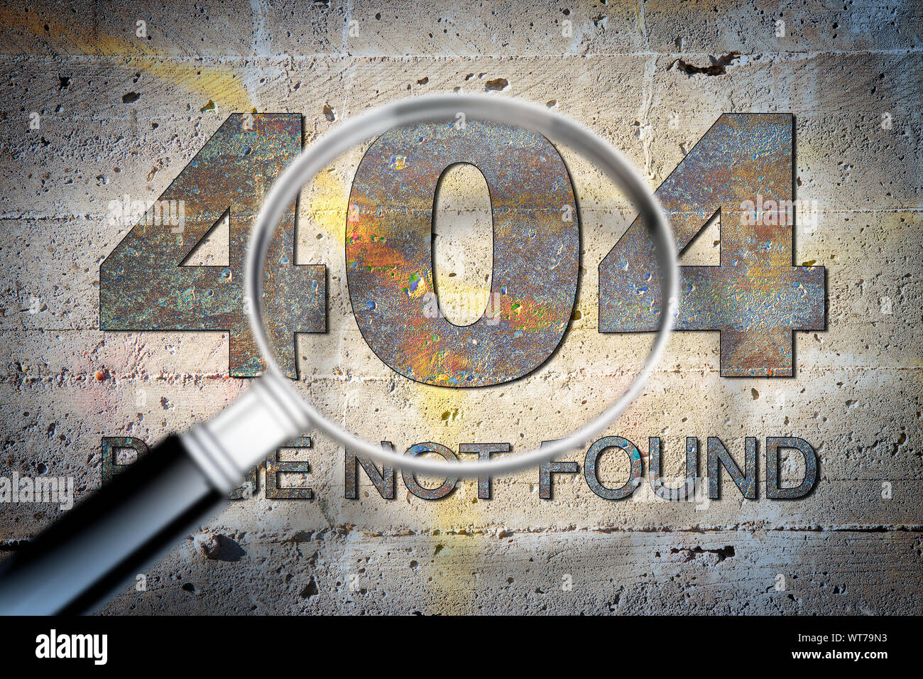 Searching dead link - concept image over an old stone wall seen through ...