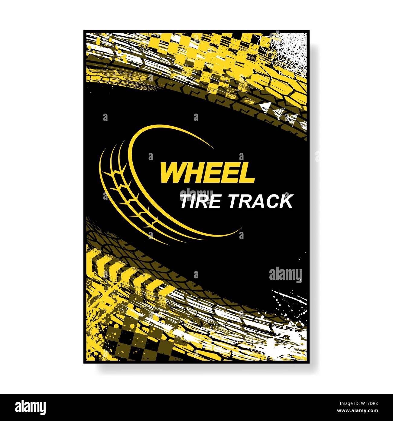 Black poster with white and yellow ink blots, tire tracks and race ...