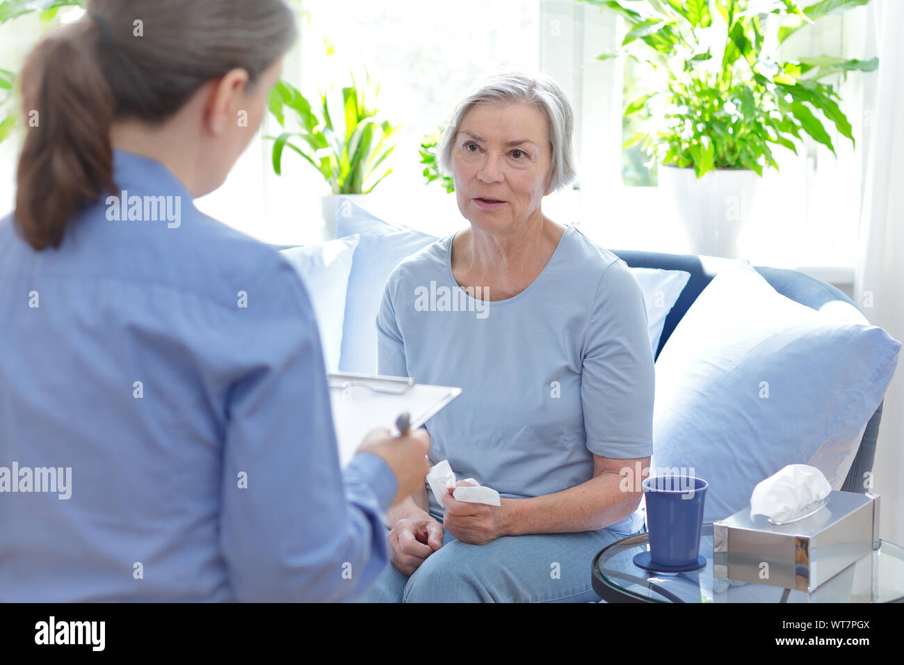 Talk therapy concept: therapist talking with her mature client about ...