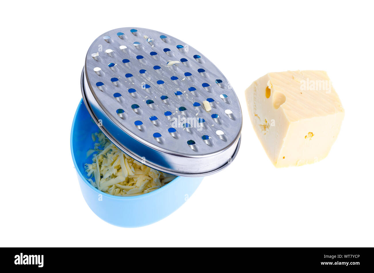 Container with metal cheese grater isolated on white background. Studio ...