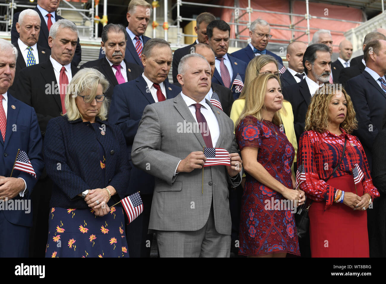 Rep. Denver Riggleman of Virginia (C) is joined by members of Congress ...