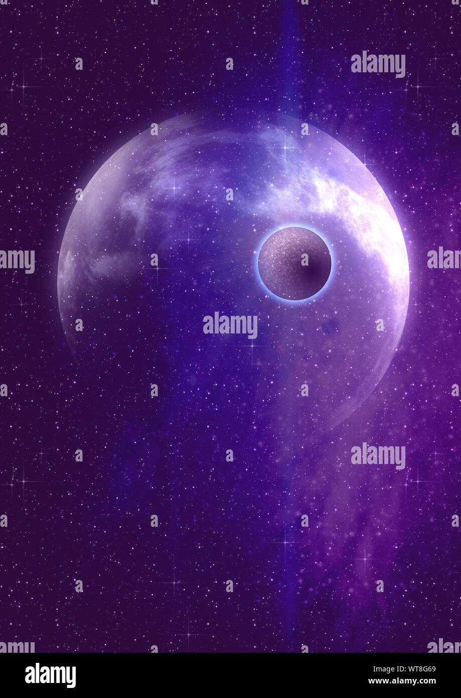 Alien purple planet and blue nebula clouds, starry outer space ...