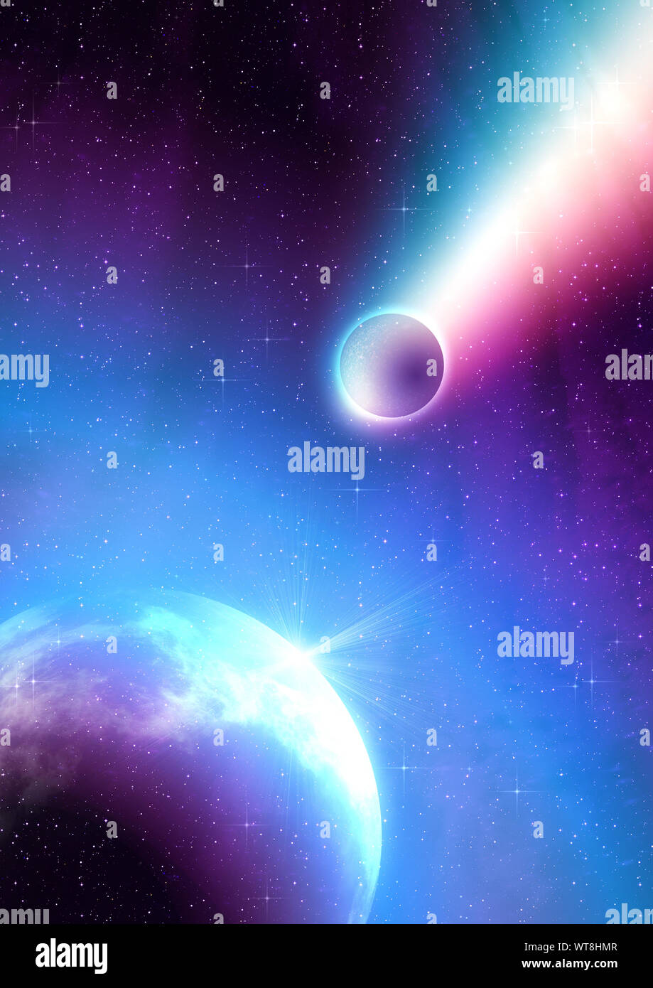 Alien purple planet and blue nebula clouds, starry outer space ...