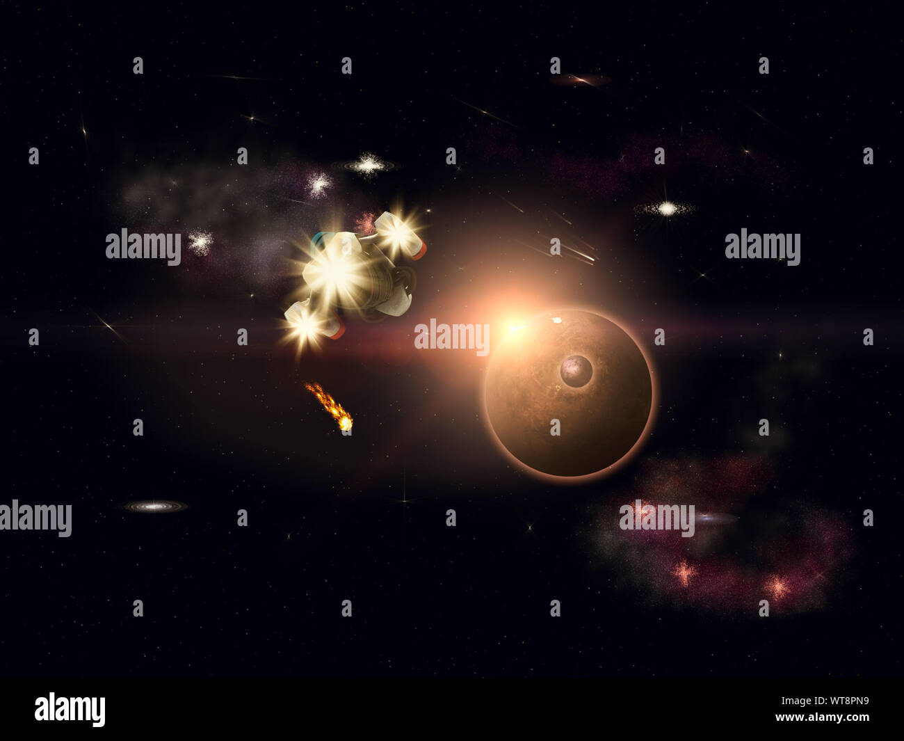 Abstract digital illustration of red planet and spaceship background ...
