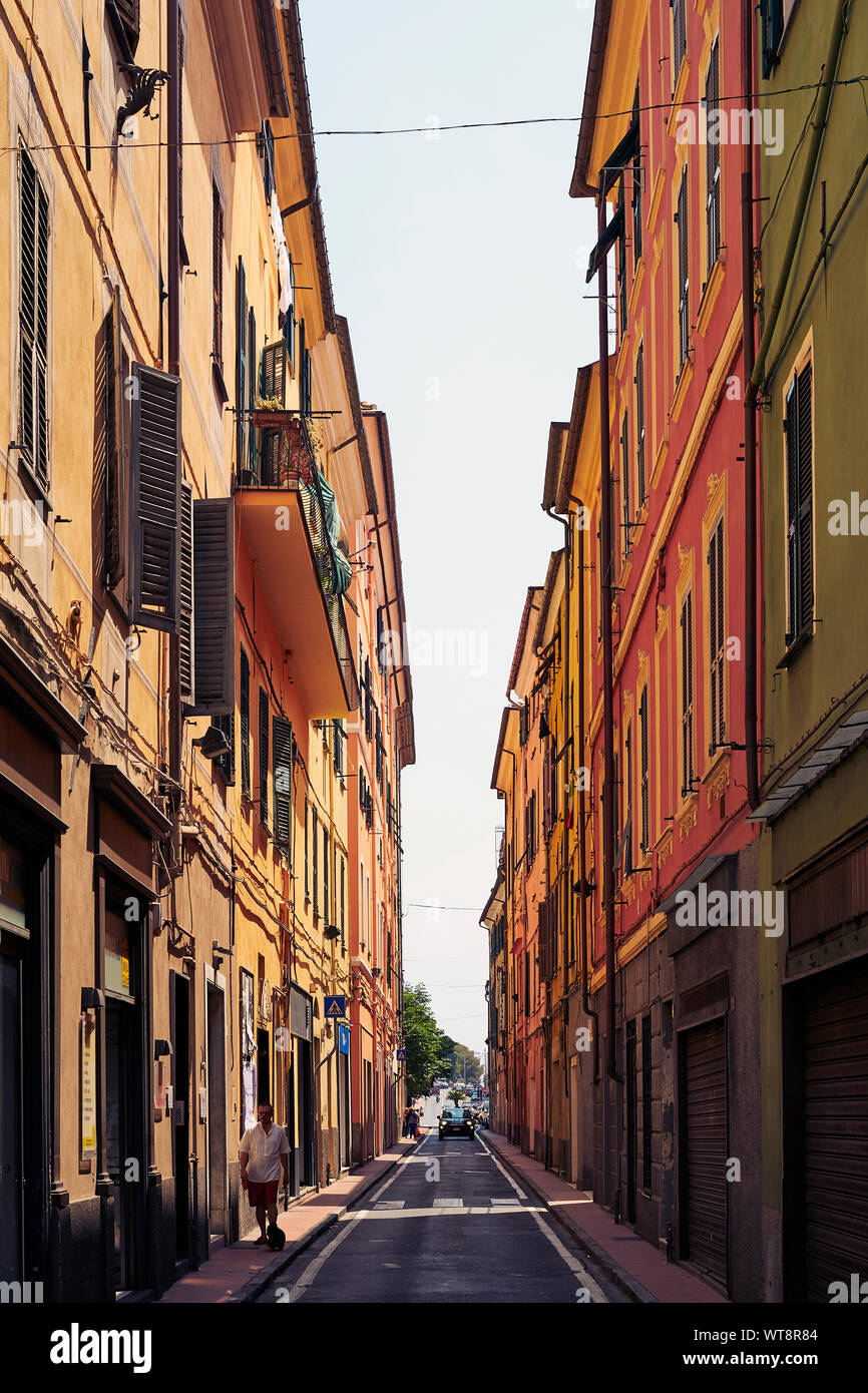 The narrow colourful streets of the coastal town of Imperia / Oneglia ...