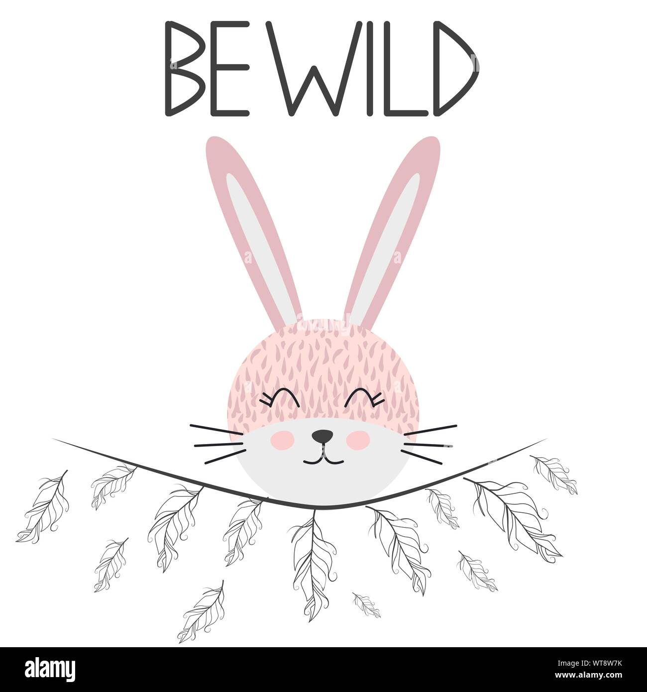 Cute sweet little rabbit smiling face with feathers. Lettering quote Be ...