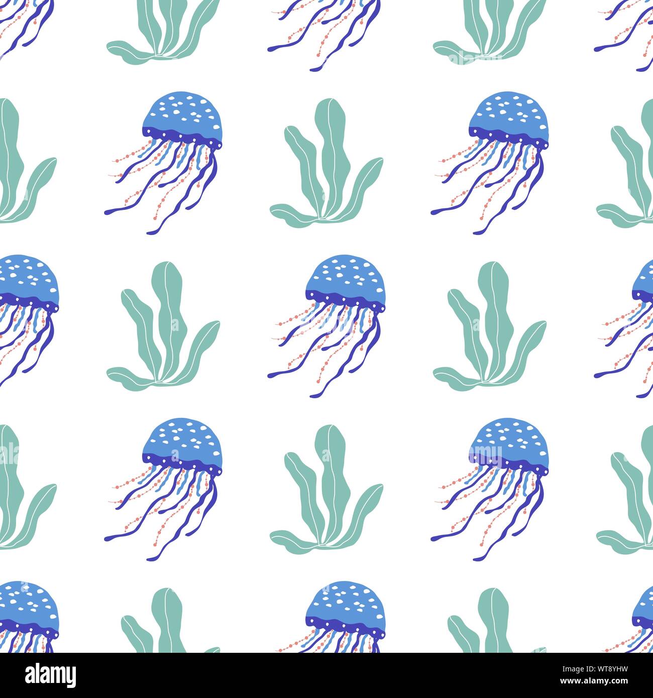 Seamless pattern of Underwater creatures jellyfish with seaplants and ...