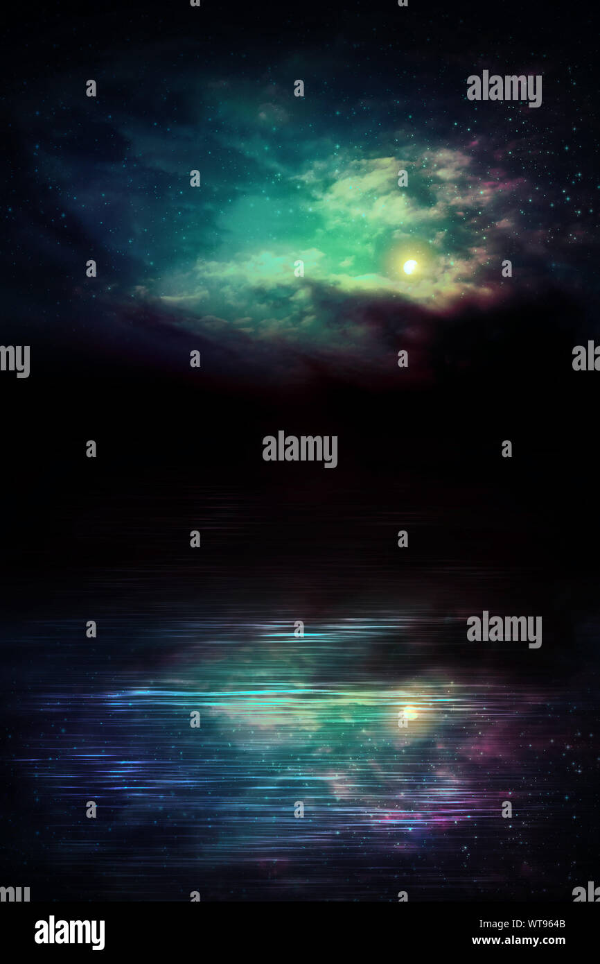 Dark night sky reflected in the calm river illustration Stock Photo - Alamy