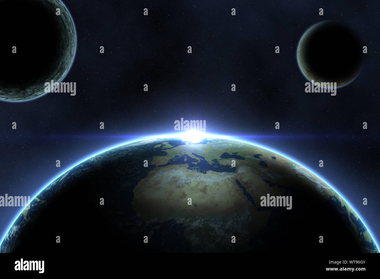The one big planet and three small planets in the starry space Stock ...