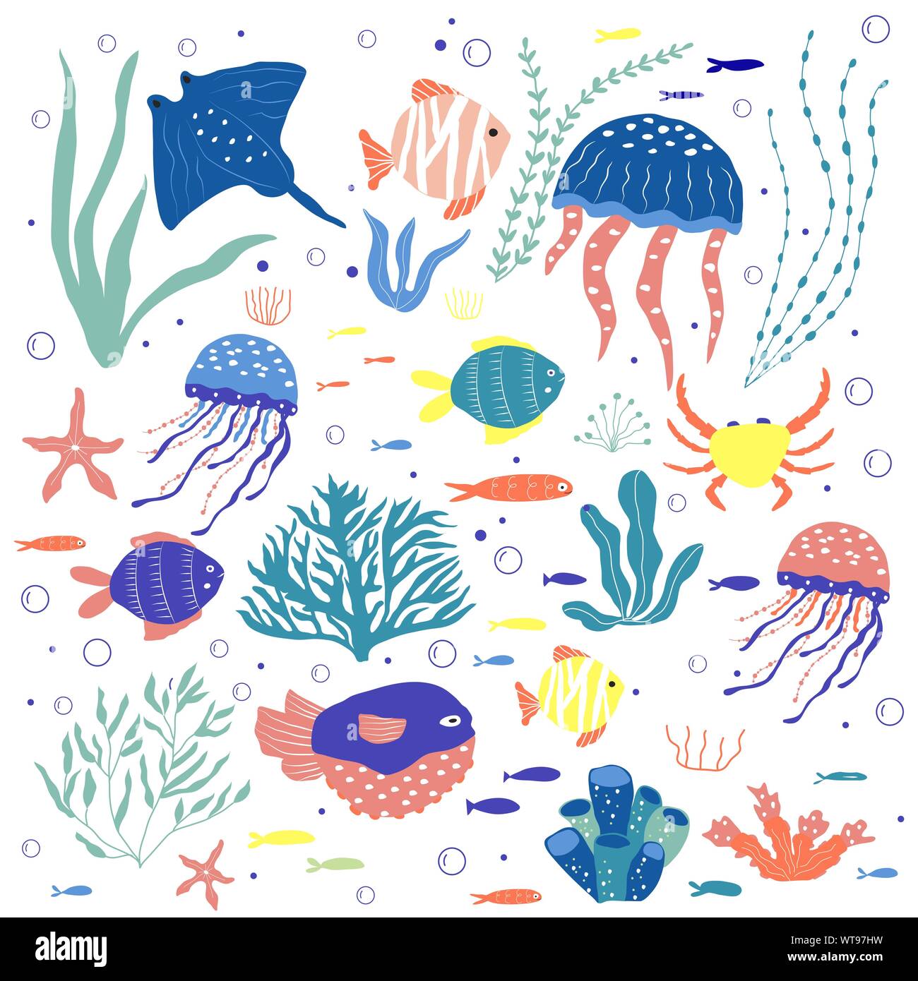 Underwater creatures fish, jellyfish, crab, clownfish, seaplants and ...