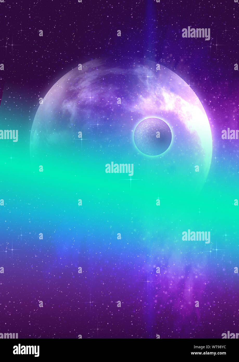 Alien purple planet and blue nebula clouds, starry outer space ...