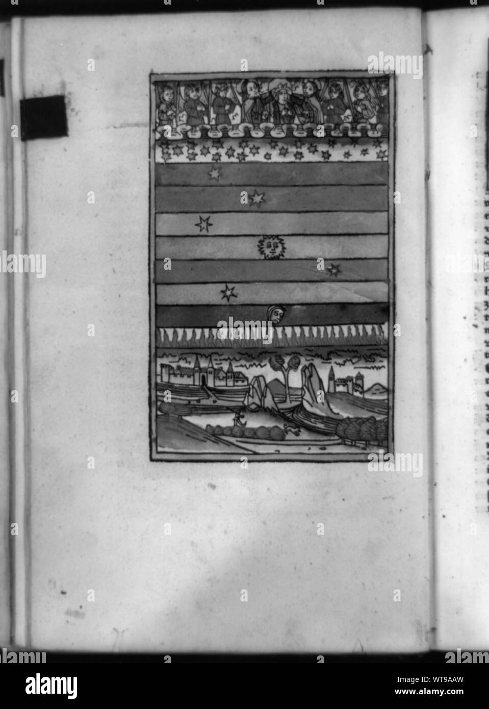 Medieval universe, with heaven above, bands containing stars, and earth ...