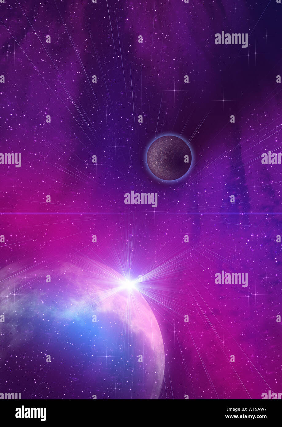 Alien purple planet and blue nebula clouds, starry outer space ...