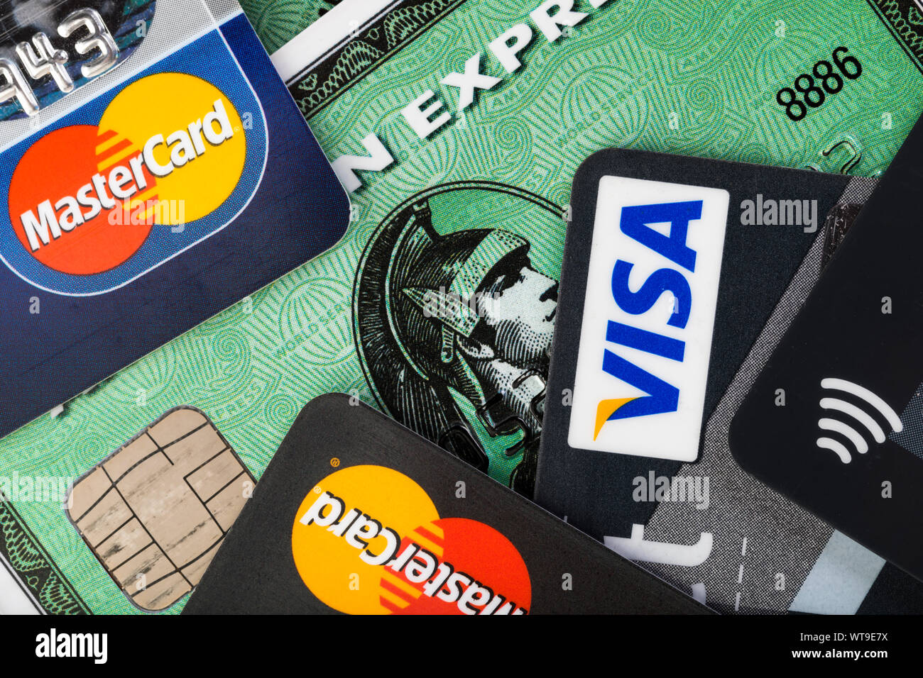 Closeup of credit cards issued by the three major brands American ...