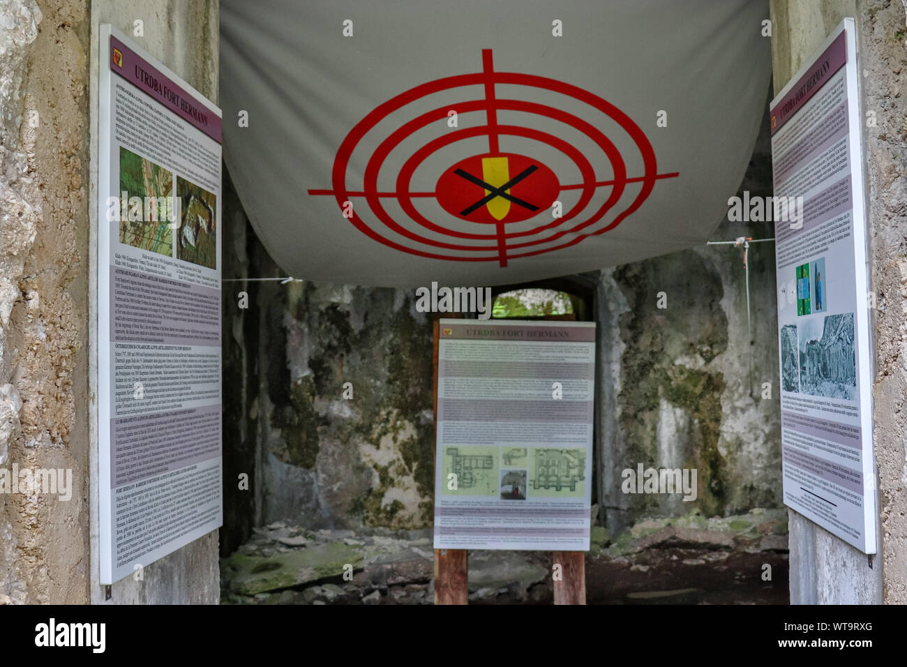 Inside explanation signs of Fort Hermann. Crumbling World War I ...