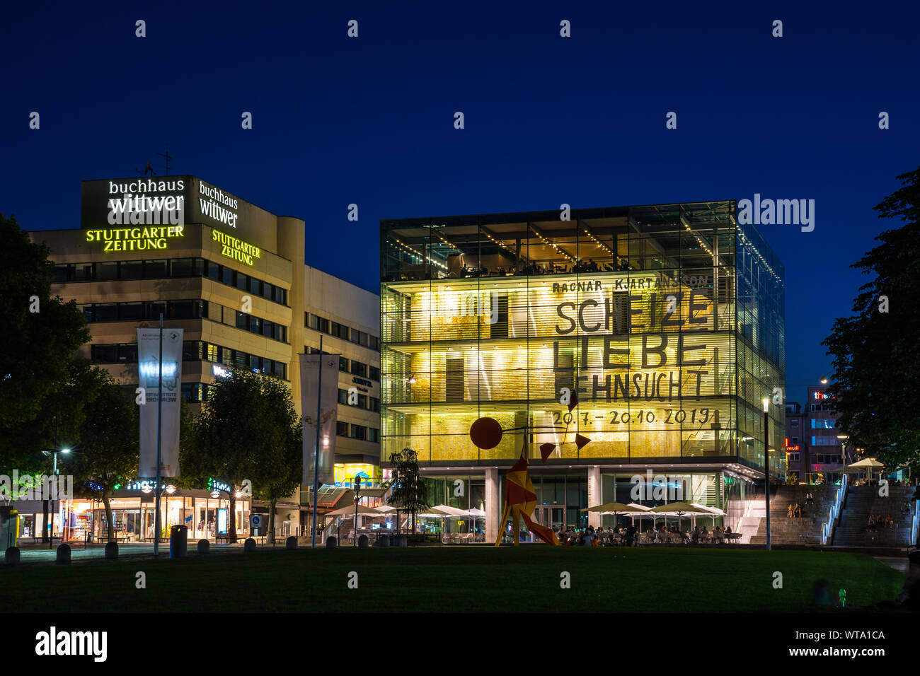 Stuttgart, Germany, August 25, 2019, Illuminated glass building of art ...