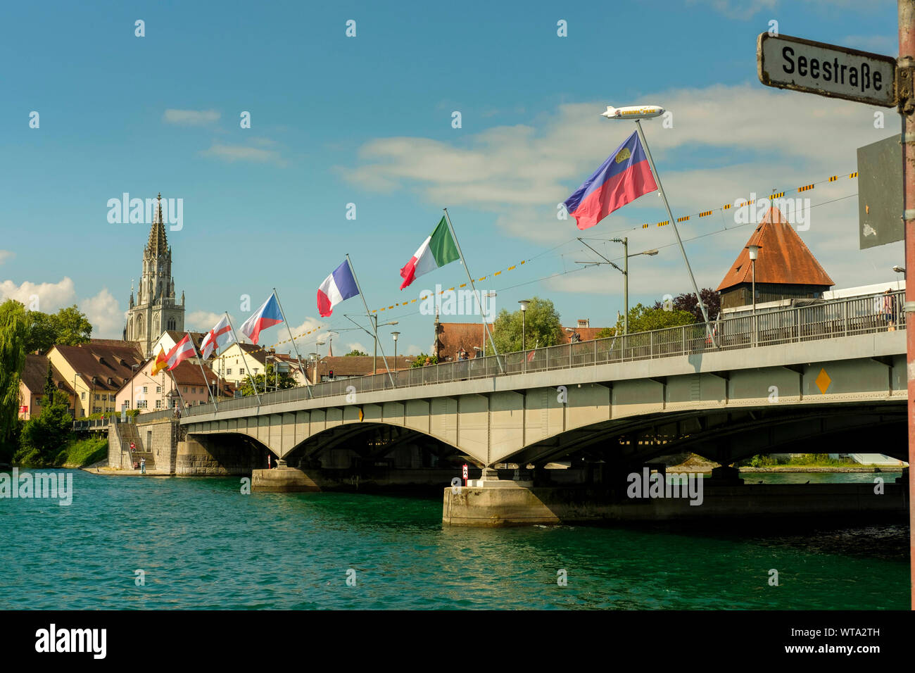 The Bridge over river Rhein, Rheinbruecke connecting the the old town ...