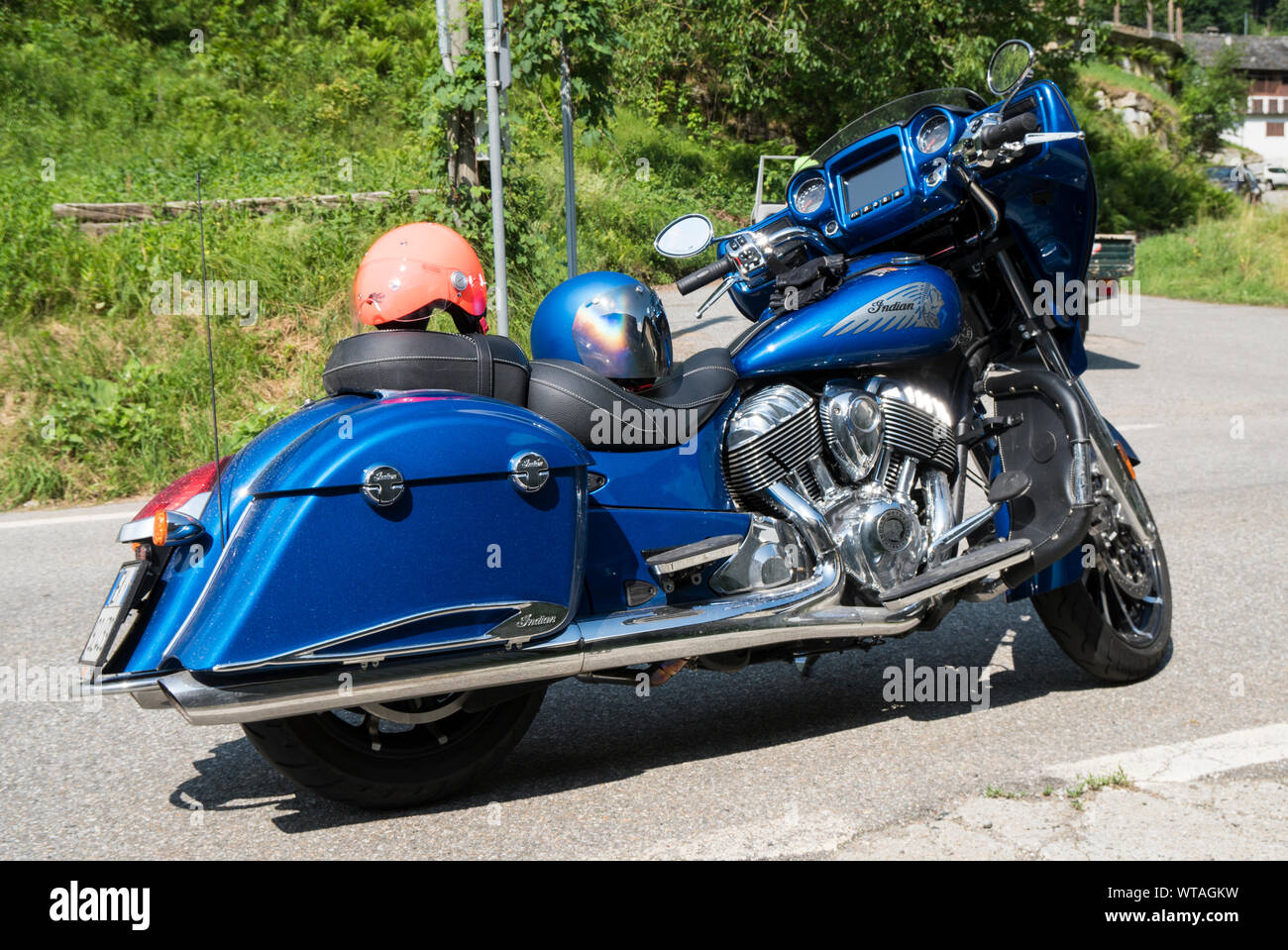 Blue Indian classic motorcycle parked in the street Stock Photo - Alamy