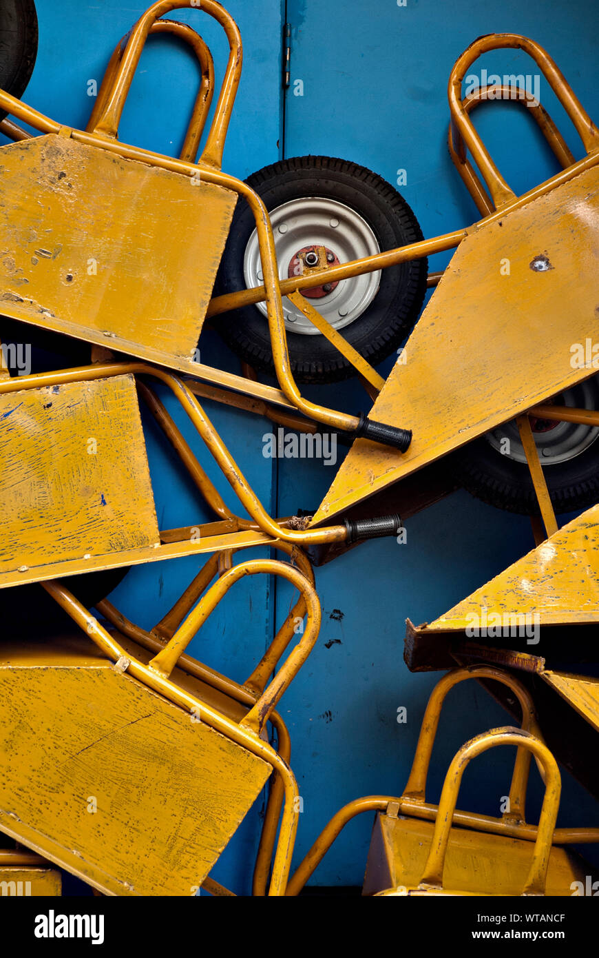 Yellow wheelbarrows stacked in front of a blue door Stock Photo - Alamy