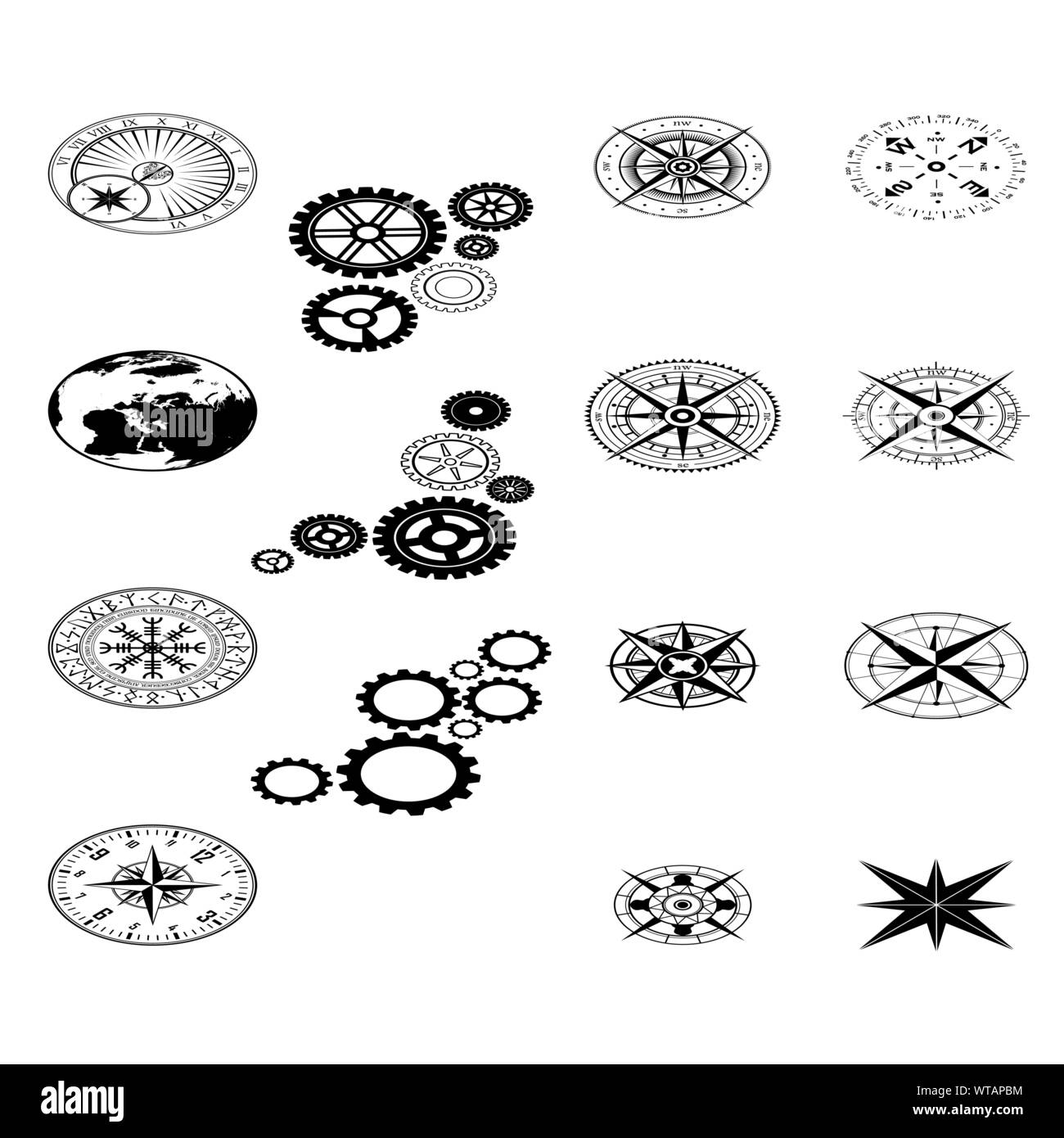 Set of different black design symbols silhouettes isolated on white ...
