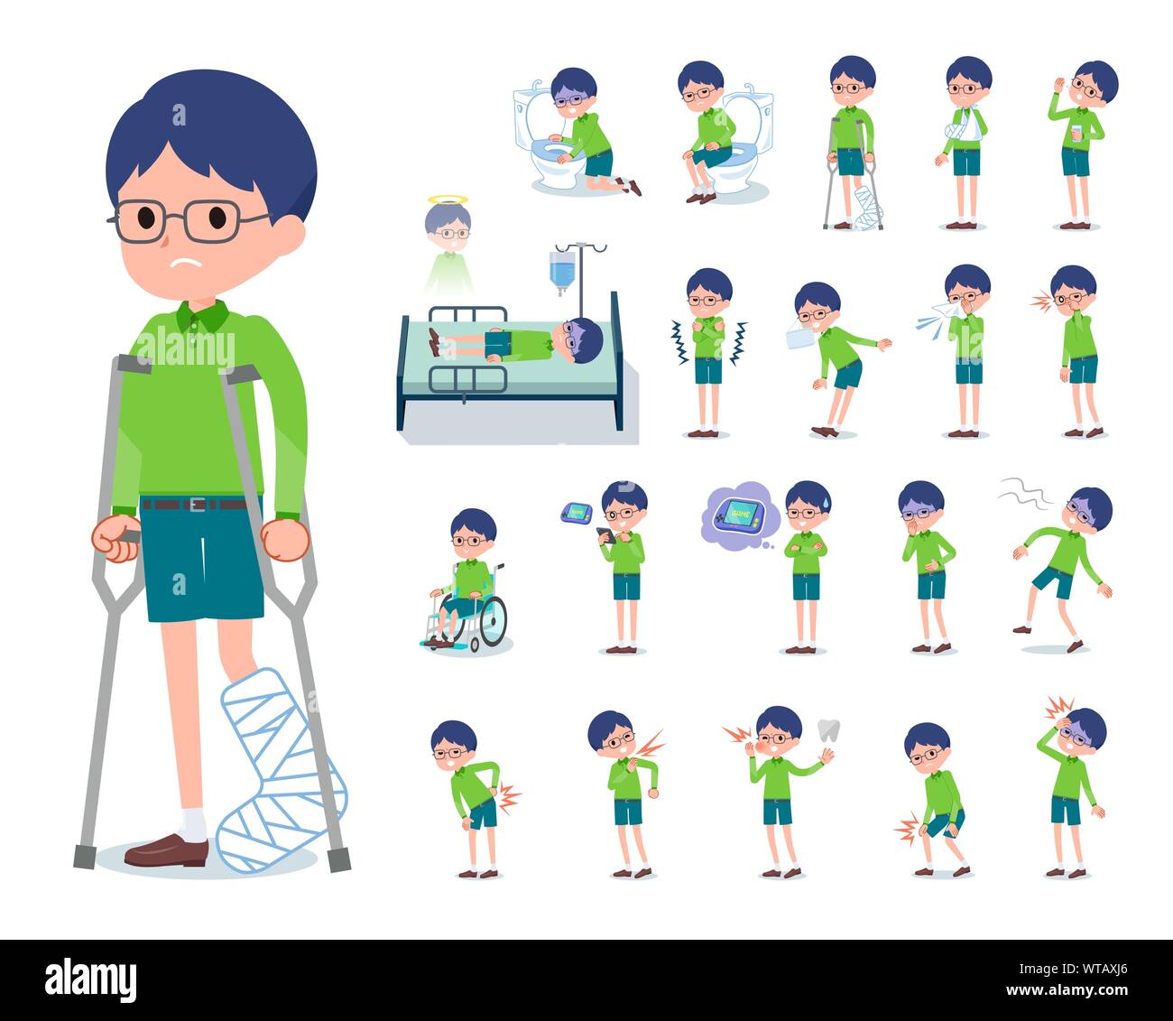 A set of boy with injury and illness.There are actions that express ...