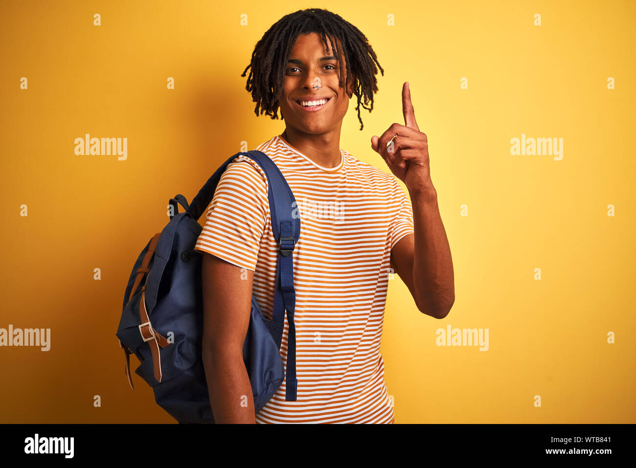 Afro american student man with dreadlocks wearing backpack over ...