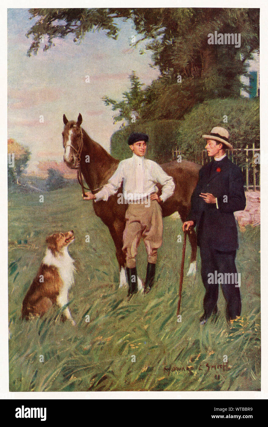 Two country gentlemen with a horse and collie dog, circa 1910. Color ...