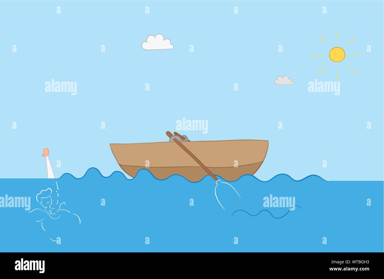 Vector illustration wooden boat in the ea and man drowning. Hand drawn ...