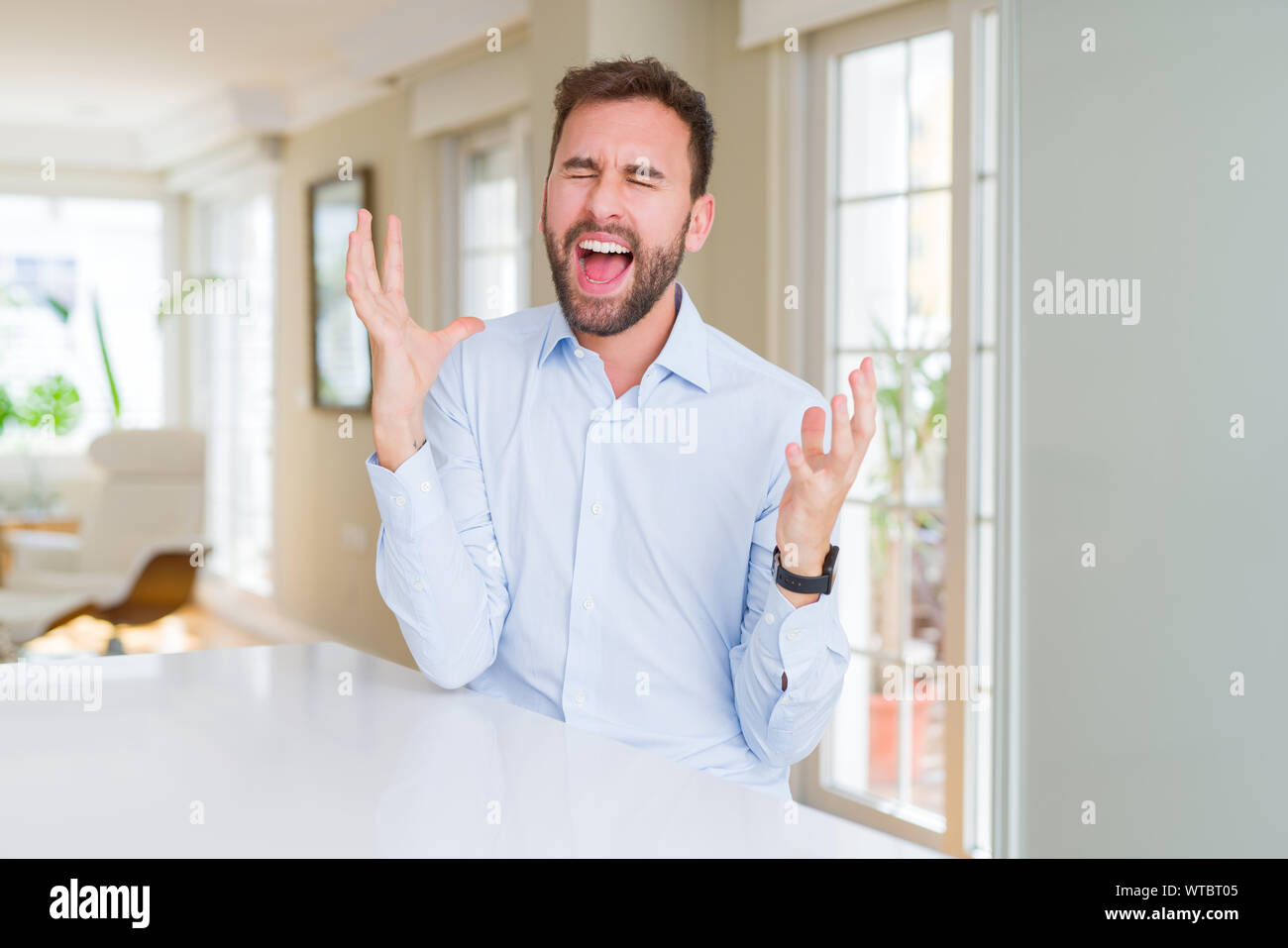 Handsome business man celebrating mad and crazy for success with arms ...